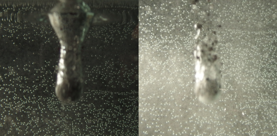 As a 700 F steel ball is quenched in water, the left photo shows the ...