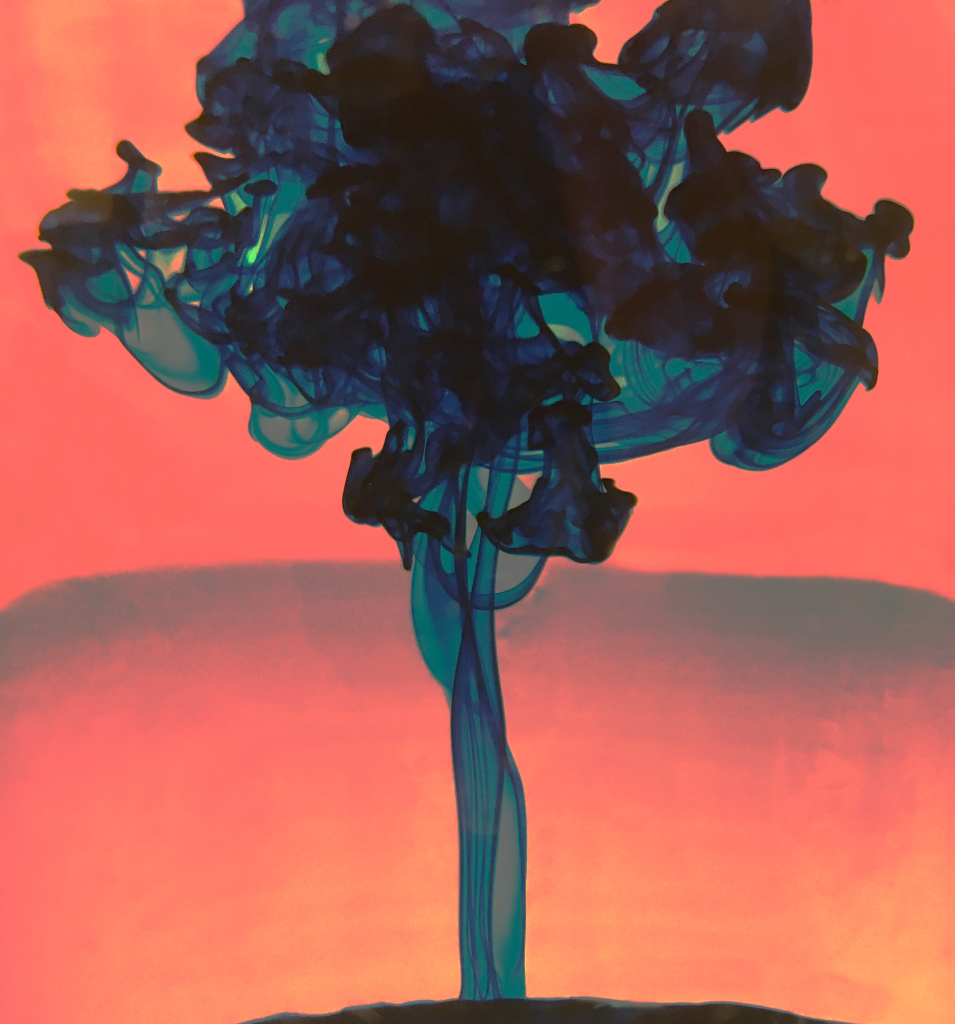 The umbrella instability blooms in this inverted image, as a dye stream emerges from a layer of ...