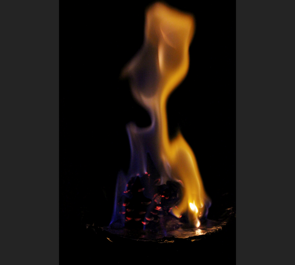 A pine cone wetted with isopropyl alcohol burns with both a sooty ...
